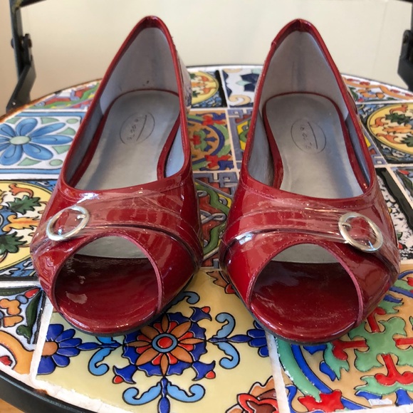 Talbots | Shoes | Talbots Chili Red Patent Peep Toe Flats 7m | Poshmark